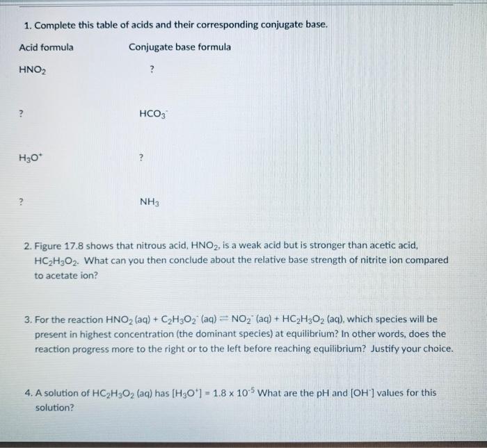 Solved 1. Complete this table of acids and their | Chegg.com
