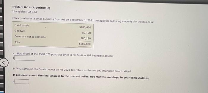 Solved Problem 8-14 (Algorithmic) intangibles (LO.8.6) Derek | Chegg.com