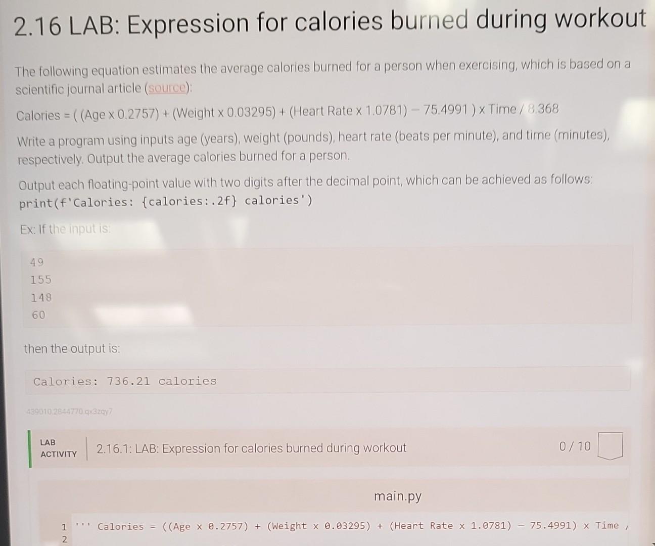 Solved 2.16 LAB: Expression for calories burned during | Chegg.com