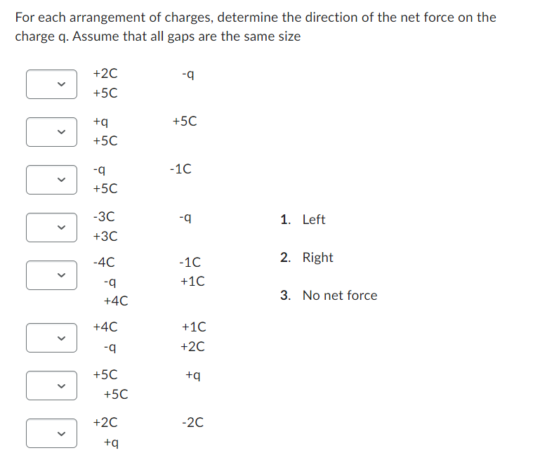 Solved -q -1C +5C For each arrangement of charges, | Chegg.com