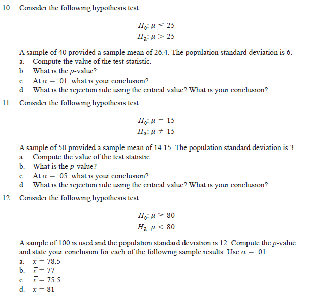 Solved 10 Consider The Following Hypothesis Test Ho μ ≤ 25