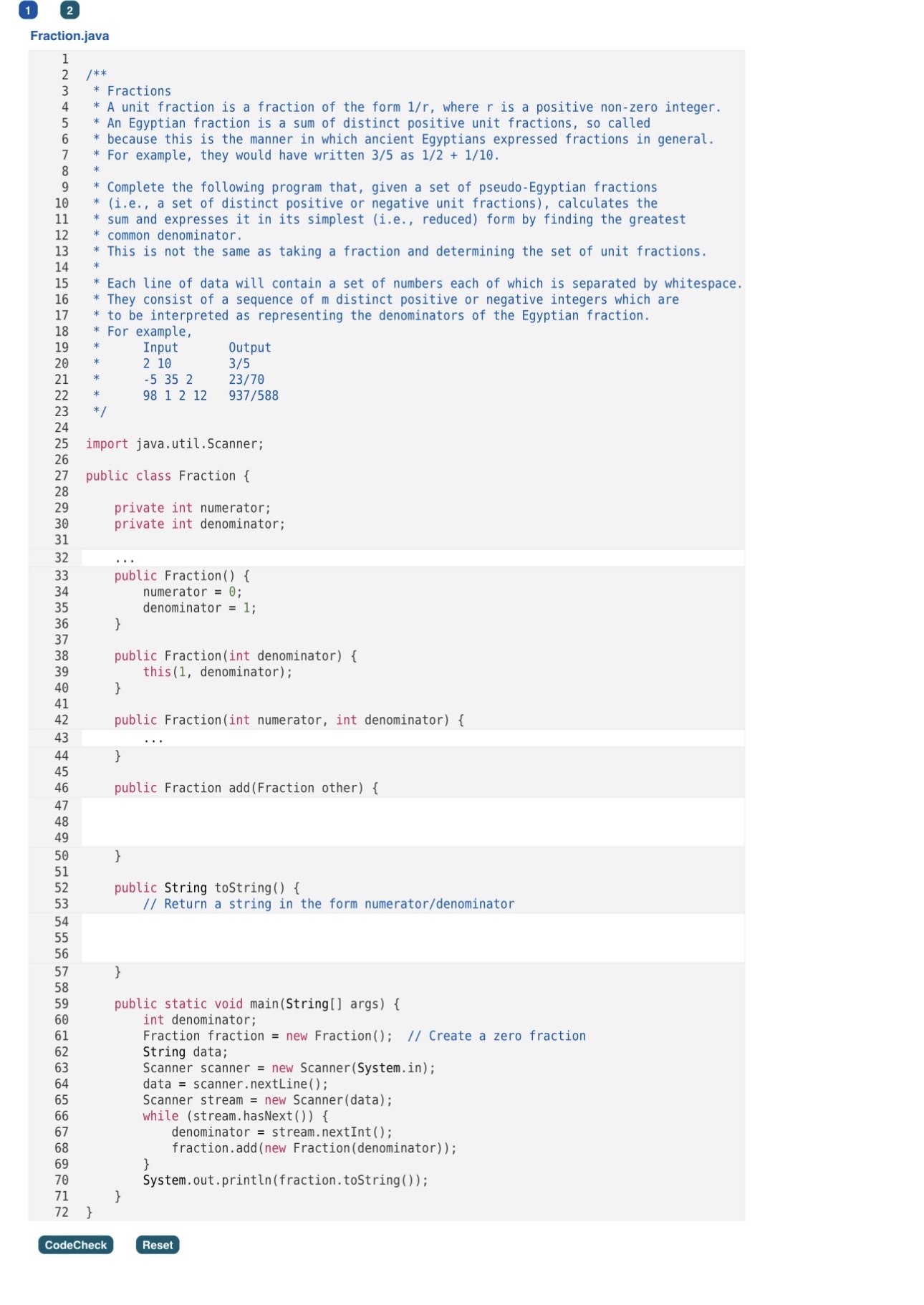 Solved Fraction.java/**FractionsA unit fraction is a | Chegg.com