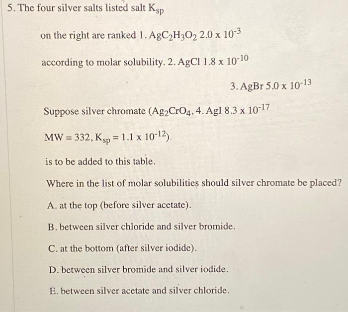 Solved four silver salts listed salt Ksp on the right are | Chegg.com
