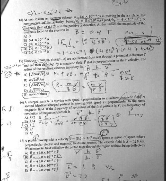Solved 14) At one instant an electrop (charge =−1.6×10−19C ) | Chegg.com