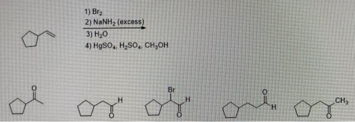 Solved 1) Br2 2) NaNH (excess) 3) H20 4) HgSO4 H2SO4, CH OH | Chegg.com