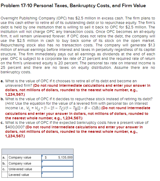 Solved Problem 17-10 ﻿Personal Taxes, Bankruptcy Costs, and | Chegg.com