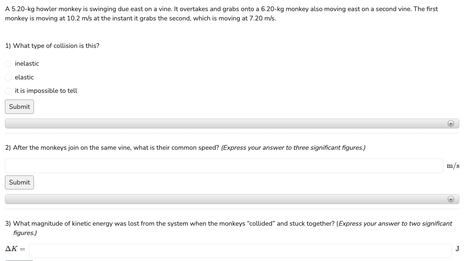 Solved A 5.20-kg ﻿howler monkey is swinging due east on a | Chegg.com