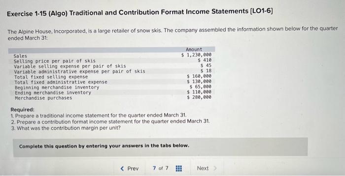Solved Exercise 1-15 (Algo) Traditional and Contribution | Chegg.com