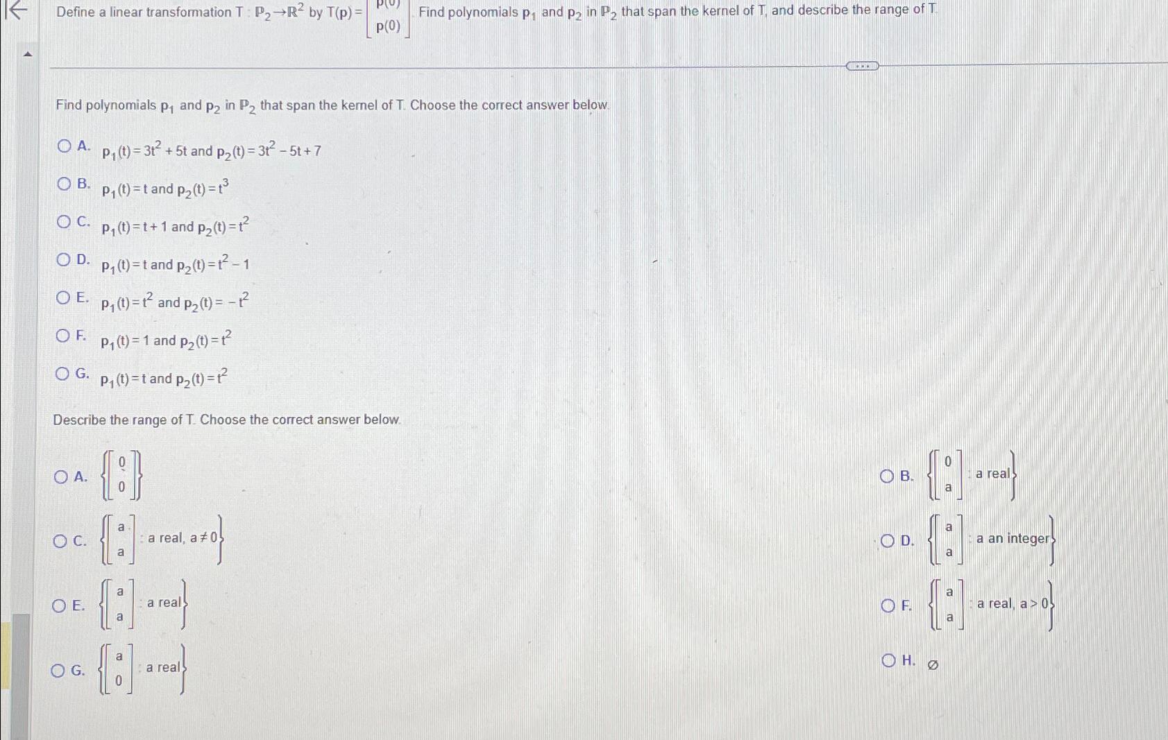Solved Define a linear transformation T:P2→R2 ﻿by | Chegg.com
