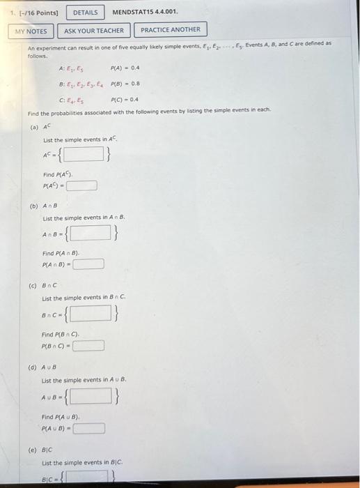 Solved An experiment can result in one of five equally | Chegg.com
