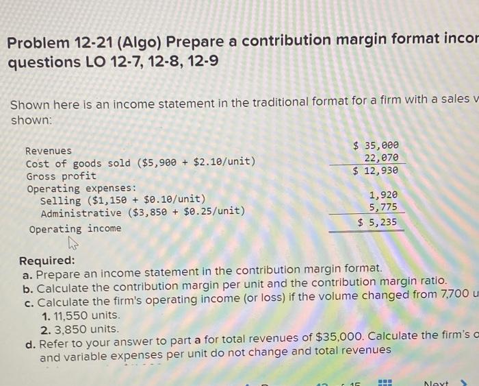 Solved Problem 12-21 (Algo) Prepare a contribution margin | Chegg.com