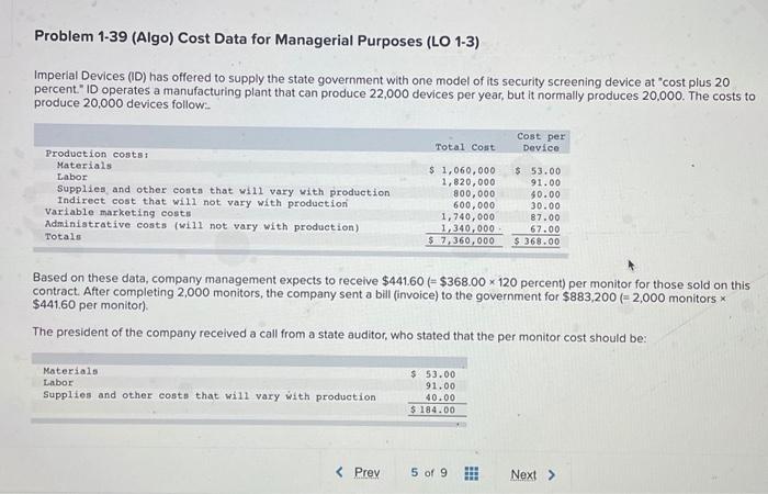 Solved Problem 1-39 (Algo) Cost Data for Managerial Purposes | Chegg.com
