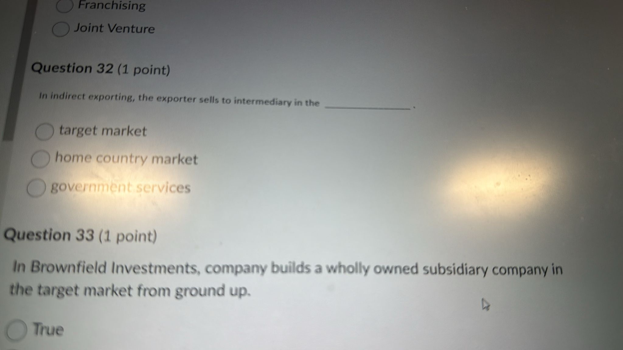 Solved Question 33 (1 ﻿point)In Brownfield Investments, | Chegg.com