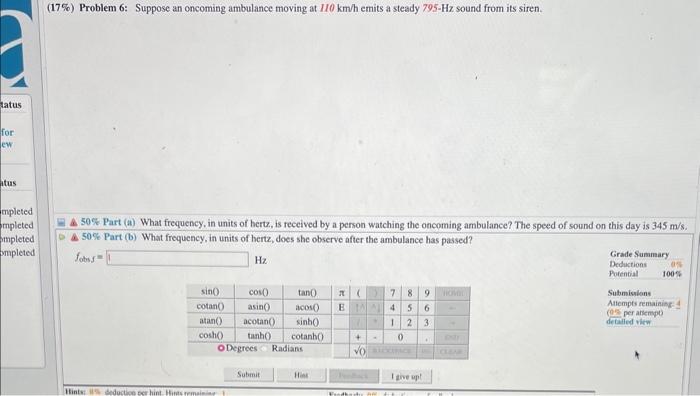 Solved (17\%) Problem 6: Suppose an oncoming ambulance | Chegg.com Solved (17\%) Problem 6: Suppose an oncoming ambulance | Chegg.com