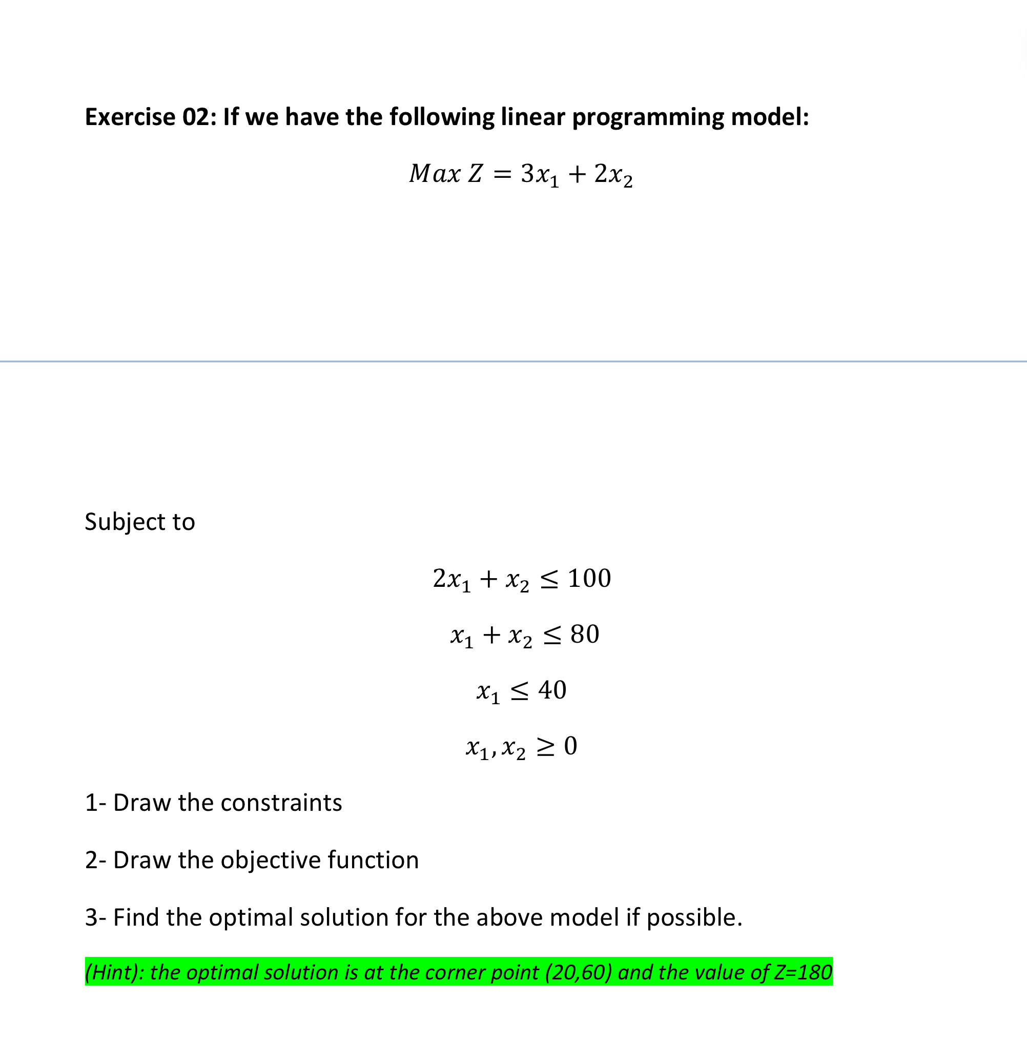 Solved Exercise 02: If we have the following linear | Chegg.com