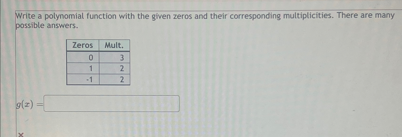 Solved Write a polynomial function with the given zeros and | Chegg.com