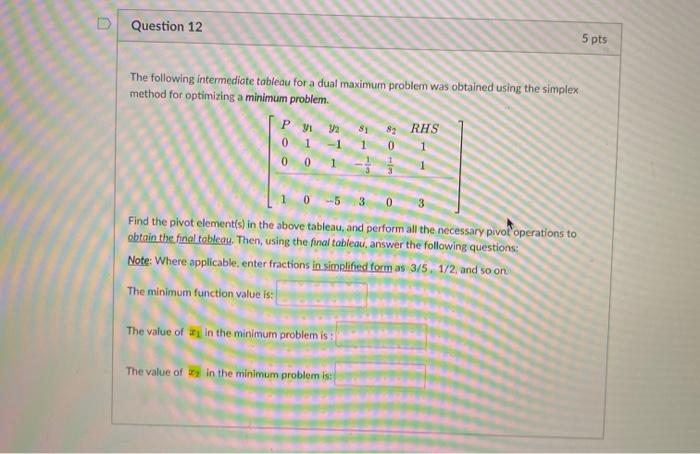 Solved Question 12 5 pts The following intermediate tableau | Chegg.com