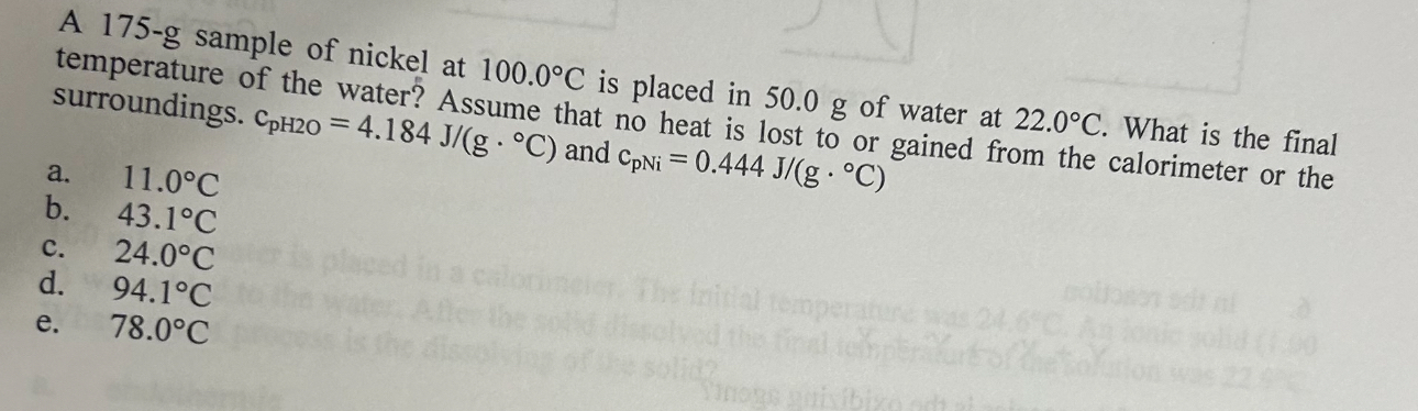 A A 175-g ﻿sample of nickel at 100.0°C ﻿is placed in | Chegg.com