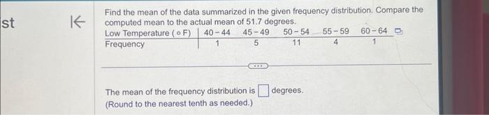Solved Find the mean of the data summarized in the given | Chegg.com