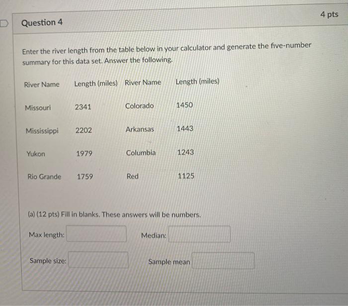 Solved 4 pts D Question 4 Enter the river length from the | Chegg.com Solved 4 pts D Question 4 Enter the river length from the | Chegg.com