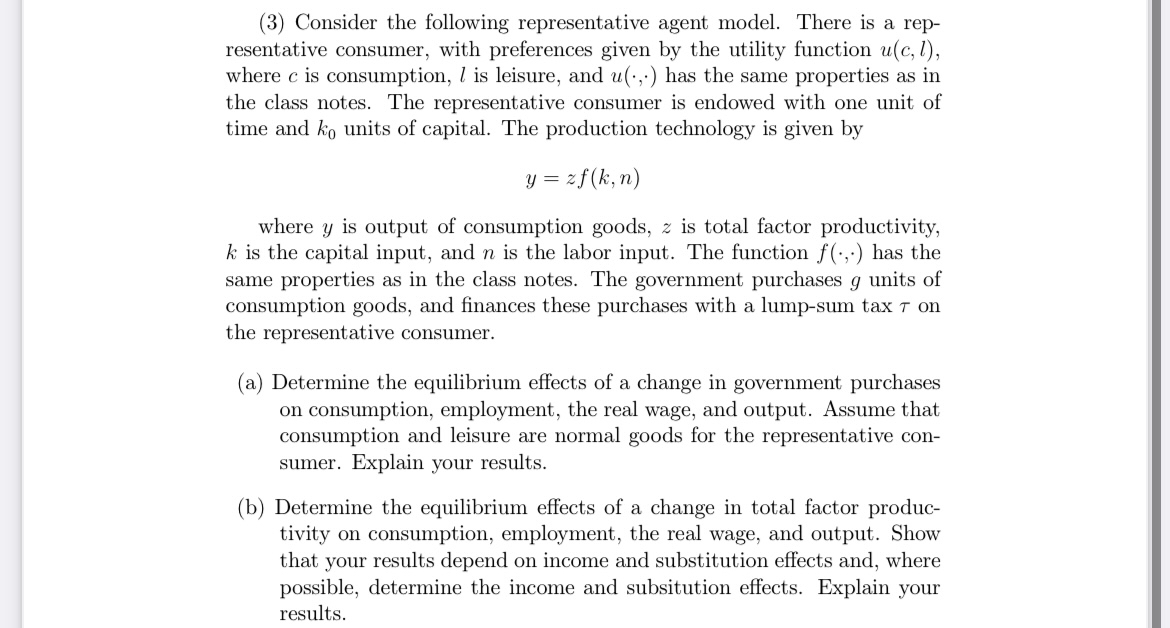 Solved (3) ﻿Consider the following representative agent | Chegg.com