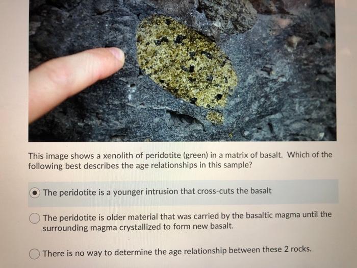 Solved This image shows a xenolith of peridotite (green) in | Chegg.com