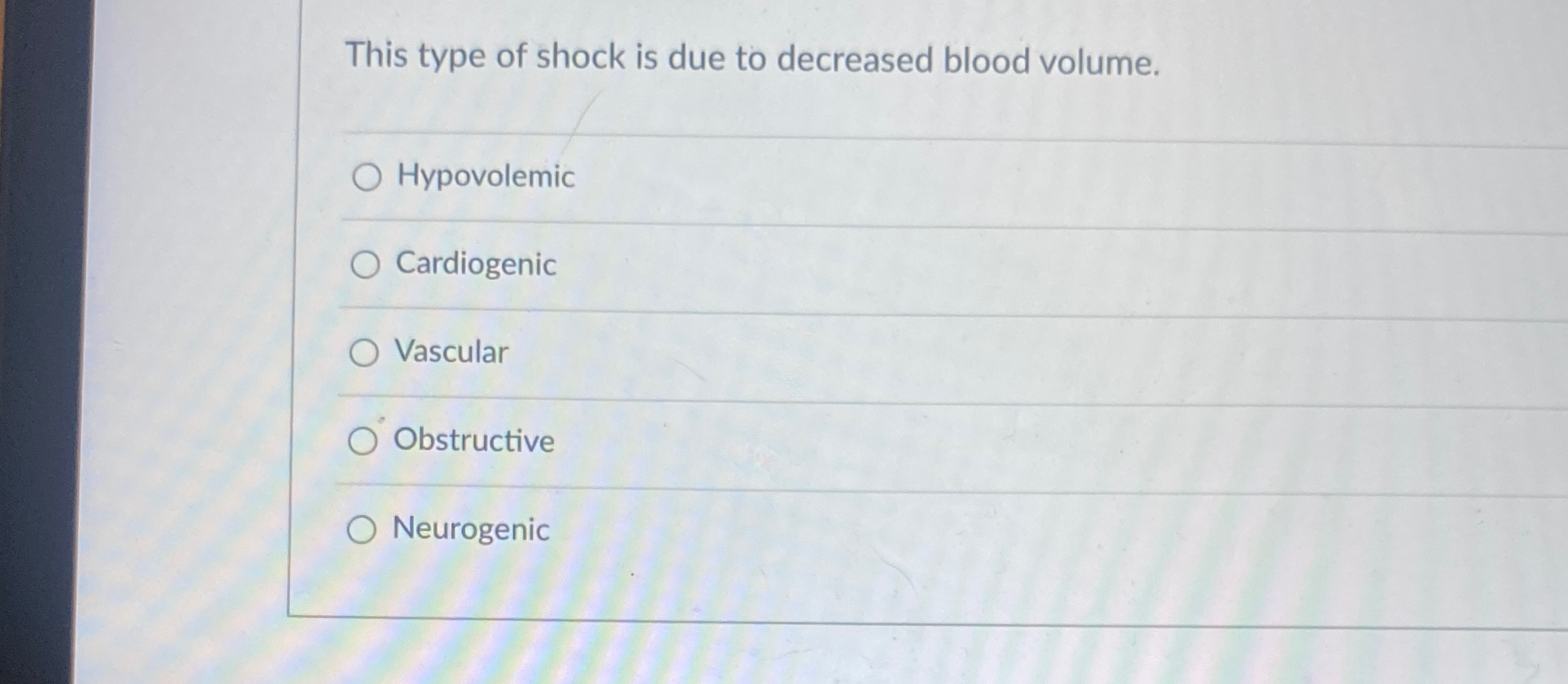 Solved This type of shock is due to decreased blood | Chegg.com
