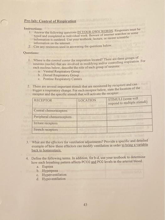 Solved Pre-lab: Control of Respiration Instructions: Answer | Chegg.com
