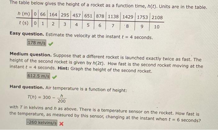 Solved The table below gives the height of a rocket as a | Chegg.com