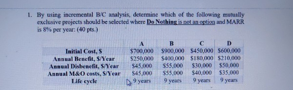 Solved 1. By using incremental B/C analysis, determine which | Chegg.com