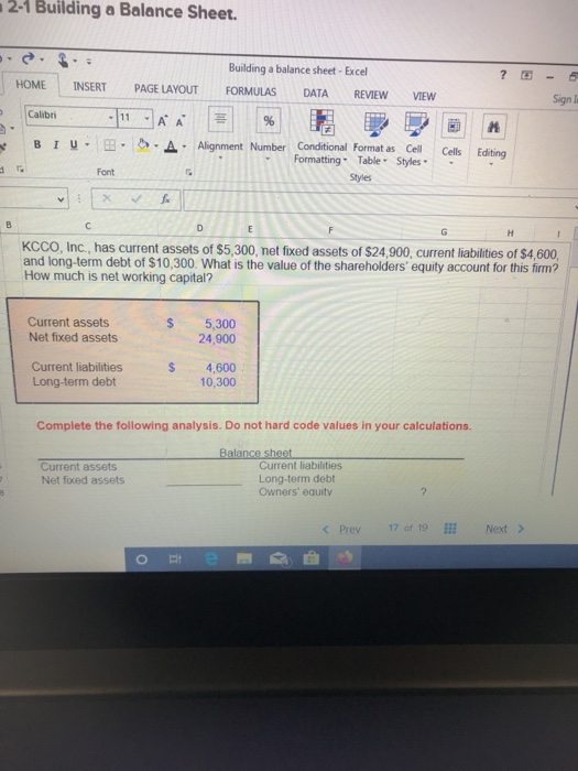 Solved 2-1 Building a Balance Sheet. Sign HOME Calibri B I | Chegg.com