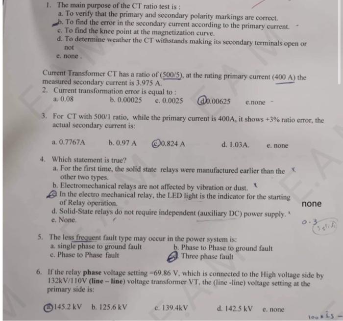 1. The main purpose of the CT ratio test is: a. To | Chegg.com