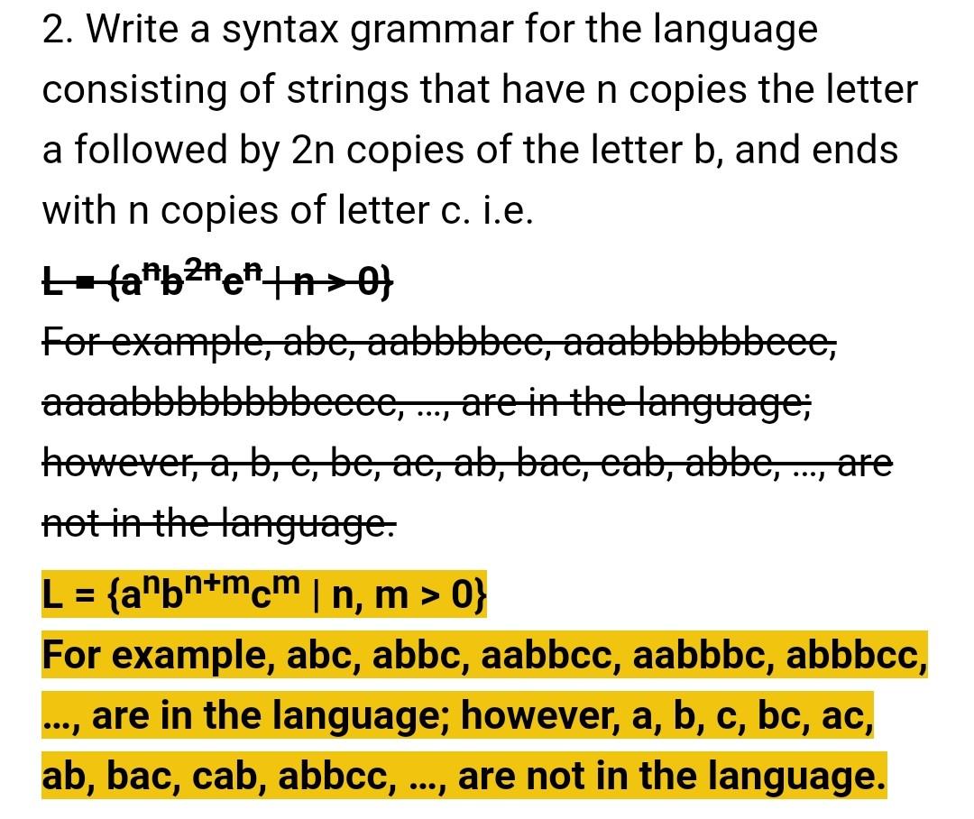 Solved 2. Write a syntax grammar for the language consisting | Chegg.com
