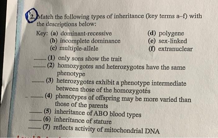 Solved 2. Match the following types of inheritance (key | Chegg.com