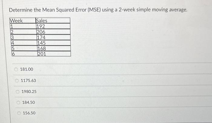 Solved Determine the Mean Squared Error (MSE) using a 2-week | Chegg.com