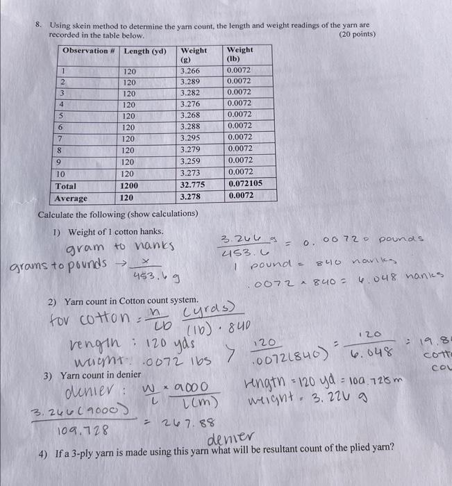 Solved 8. Using skein method to determine the yam count, the | Chegg.com