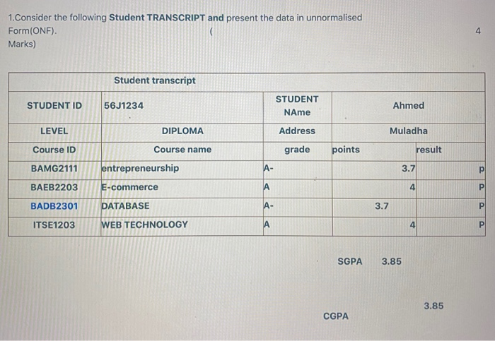 Solved 1. Consider the following Student TRANSCRIPT and | Chegg.com