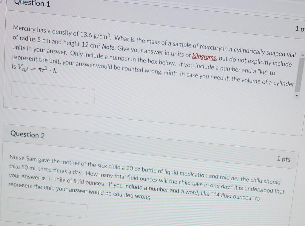 Solved Question 1 1 P Mercury Has A Density Of 13 6 G cm3 Chegg