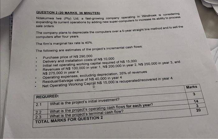Solved QUESTION 2 (20 MARKS, 36 MINUTES) Ndakumwa Iwe (Pty) | Chegg.com