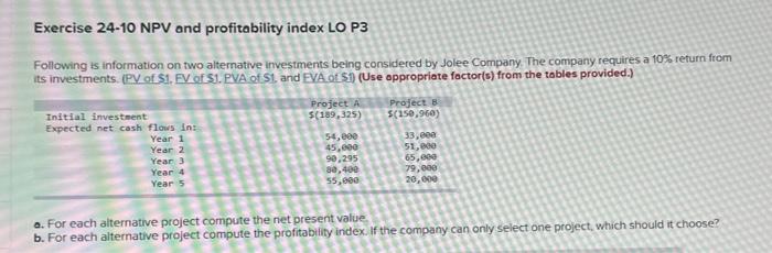 Solved Exercise 24-10 NPV and profitability index LO P3 | Chegg.com