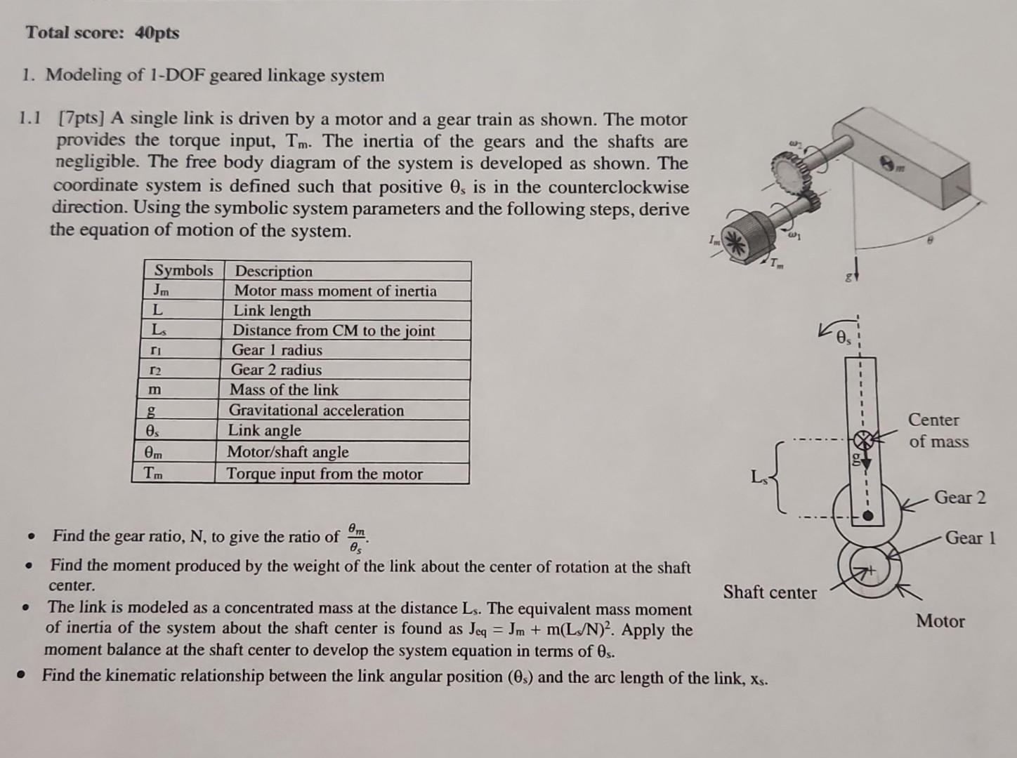 Solved 1.1 [7pts] A single link is driven by a motor and a | Chegg.com