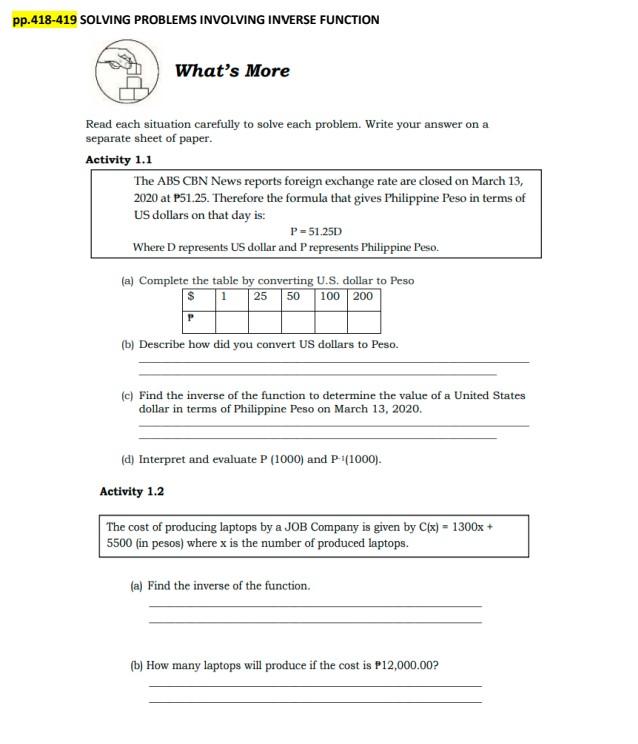 Solved pp.418-419 SOLVING PROBLEMS INVOLVING INVERSE | Chegg.com