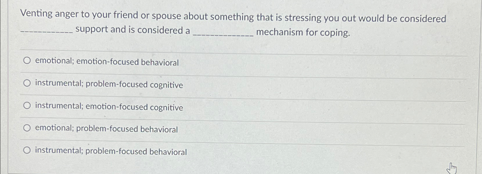 Solved Venting anger to your friend or spouse about | Chegg.com