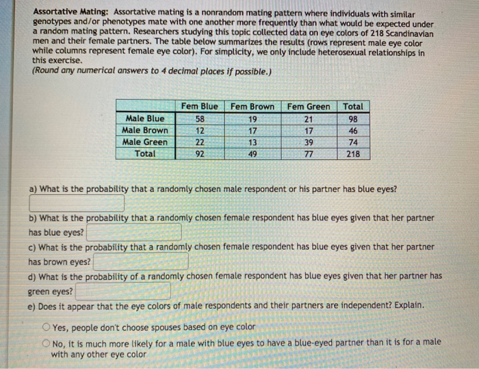 Solved Assortative Mating: Assortative mating is a nonrandom | Chegg.com