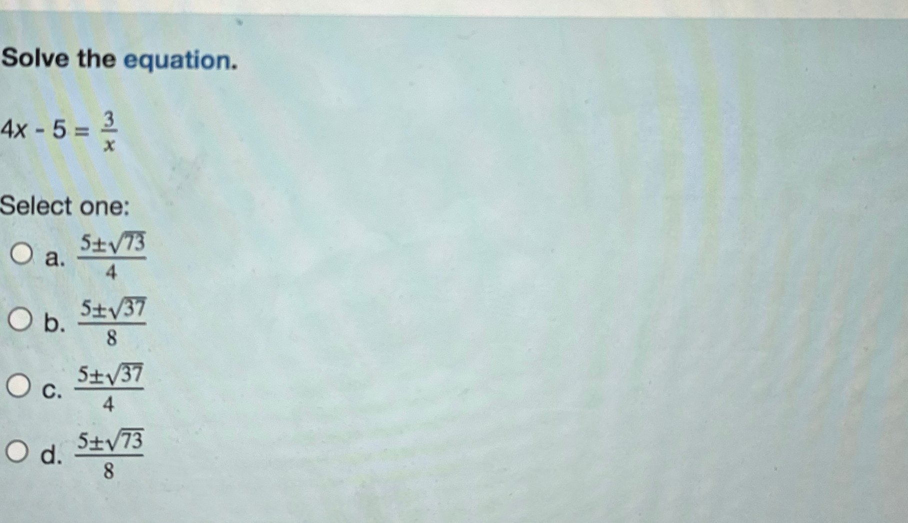 Solved Solve the equation.4x-5=3xSelect | Chegg.com