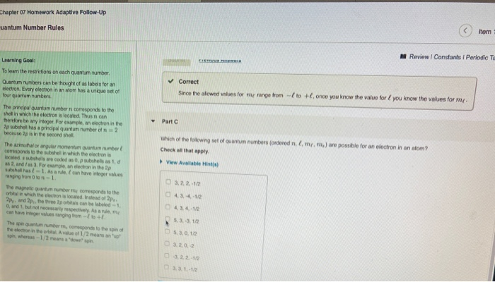Solved Chapter 07 Homework Adaptive Follow-Up uantum Number | Chegg.com