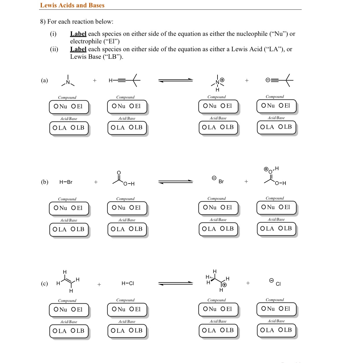Solved For each reaction below:(i) ﻿Label each species on | Chegg.com