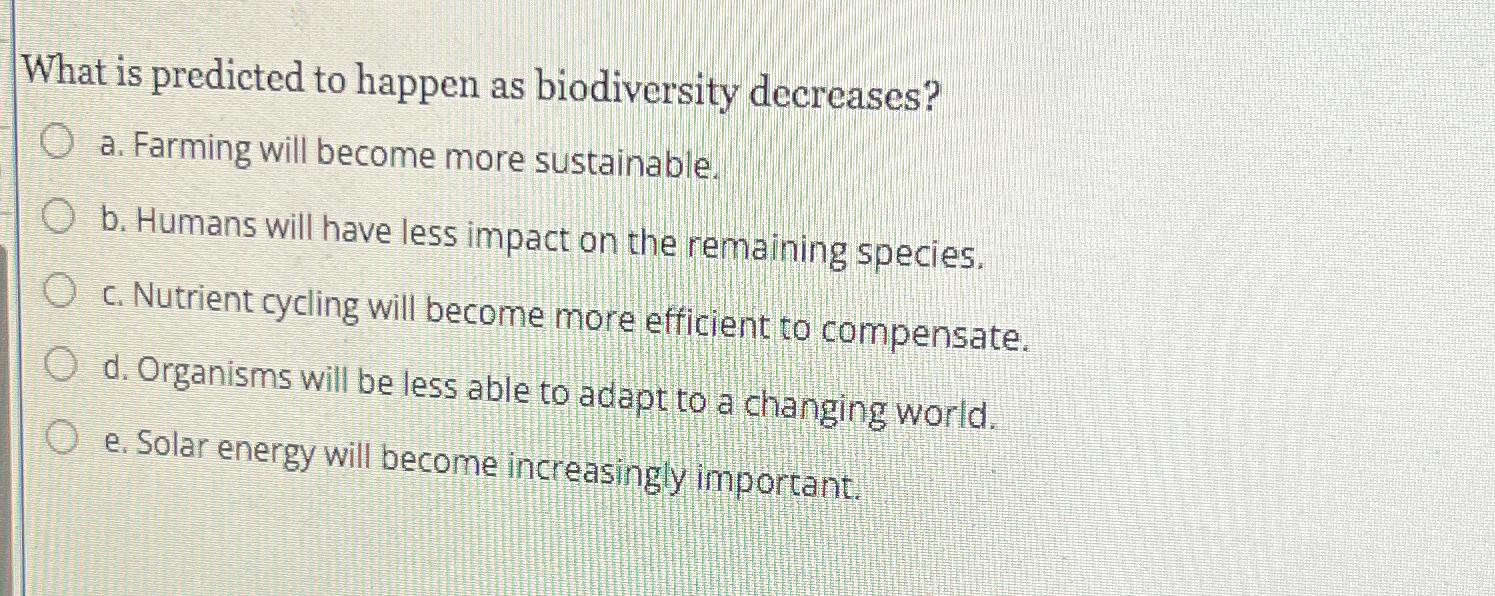 Solved What is predicted to happen as biodiversity | Chegg.com