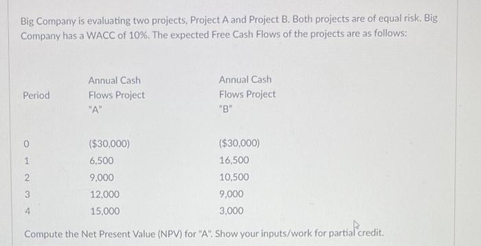 Solved Big Company is evaluating two projects, Project A and | Chegg.com