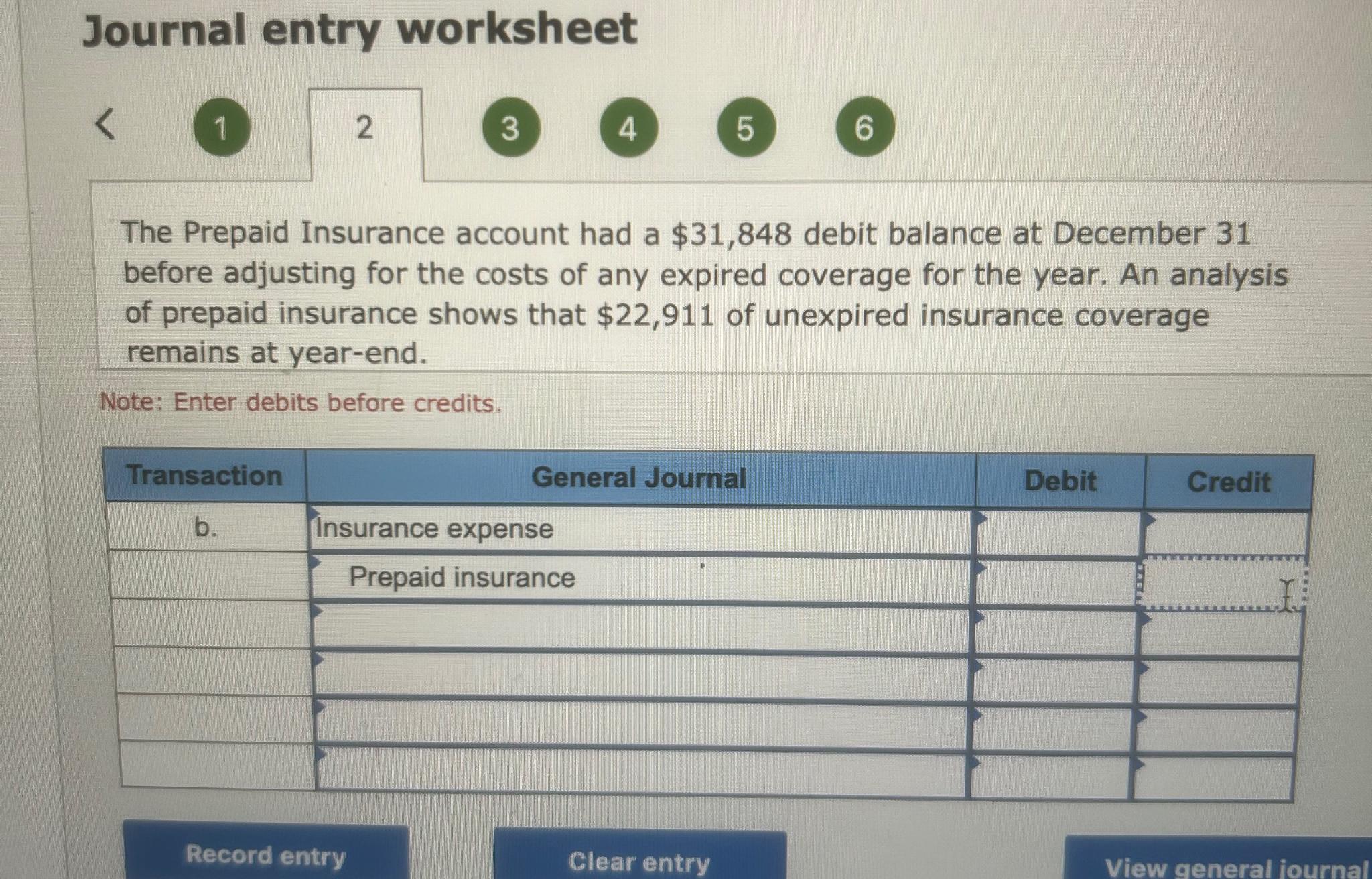 Solved Journal entry worksheet12346The Prepaid Insurance | Chegg.com